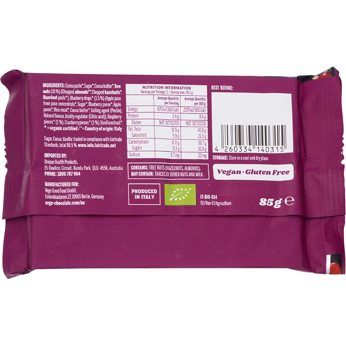 Vego Nuts & Berries Chocolate Bar – WOMBAT BRAIN